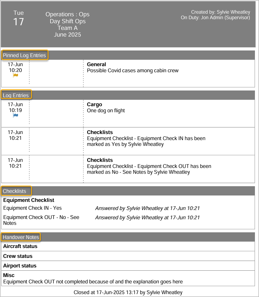 Shift Log - Checklists, Handover Notes, Save, Close & Re-Open a Log ...